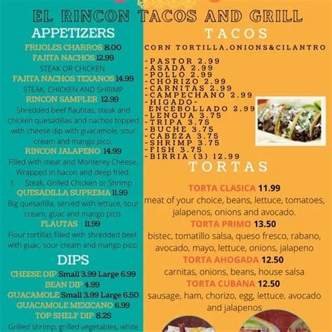 El Rincon Tacos And Grill Menu Theodore Al Checkle
