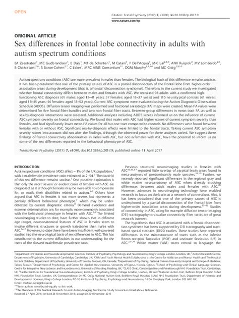 Pdf Sex Differences In Frontal Lobe Connectivity In Adults With Autism Spectrum Conditions