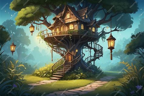 Premium Photo Magical Treehouse Amid Tall Grass Illustration