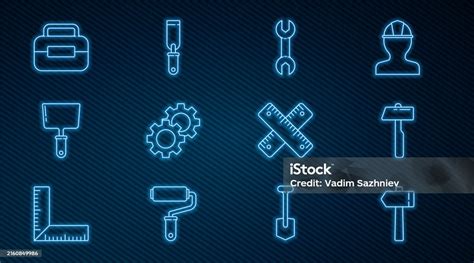 세트 라인 해머 렌치 스패너 기어 퍼티 나이프 도구 상자 십자 눈금자 및 Rasp 금속 파일 아이콘 벡터 갈고리 발톱에 대한 스톡 벡터 아트 및 기타 이미지 Istock