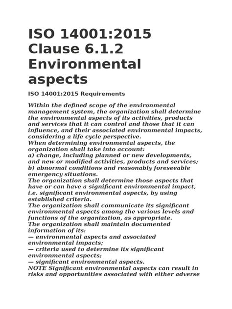 Iso 14001 2015 Clause 6 1 2 Environmental Aspects Pdf