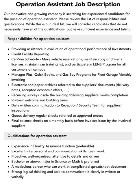 Operation Assistant Job Description Velvet Jobs