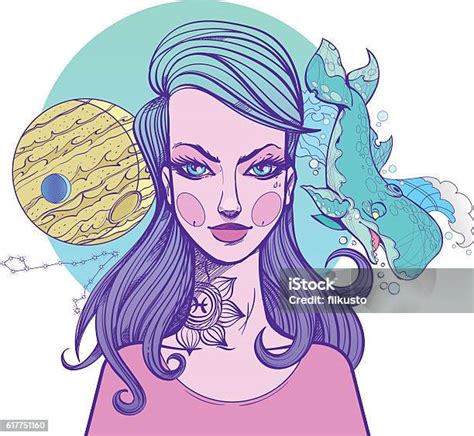 소녀는 조디악 기호 물고기자리 기호를 상징한다 파스텔 고스 초상화 가냘픈에 대한 스톡 벡터 아트 및 기타 이미지 가냘픈 고래 귀여운 Istock