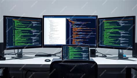 Background shot of empty programmer desk setup with laptop and multiple ...