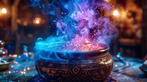 Mystical Cauldron Glowing Blue Smoke Magical Sparks Stock Photos - Free ...