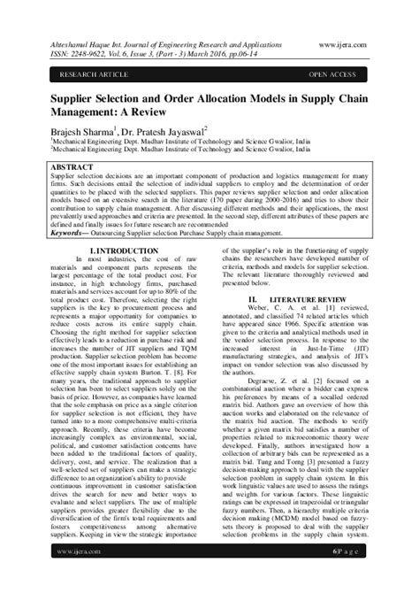 Pdf Supplier Selection And Order Allocation Models In Supply Chain Management A Review