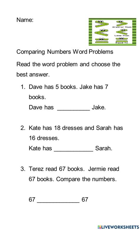 Comparing Numbers Word Problems Interactive Worksheet Live Worksheets