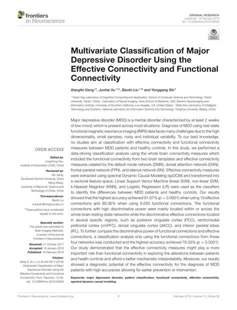 Pdf Multivariate Classification Of Major Depressive Disorder Using The Effective Connectivity