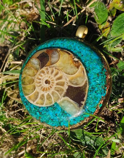 Unique Ammonite Fossil Fibonacci On Chrysocolla Orgone Necklace 7x 4mm Doubly Terminated Unique Ammonite Fossil Fibonacci On Chrysocolla Orgone Necklace 7x 4mm Doubly Terminated