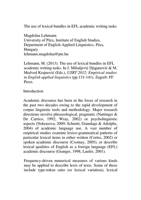 Pdf The Use Of Lexical Bundles In Efl Academic Writing Tasks