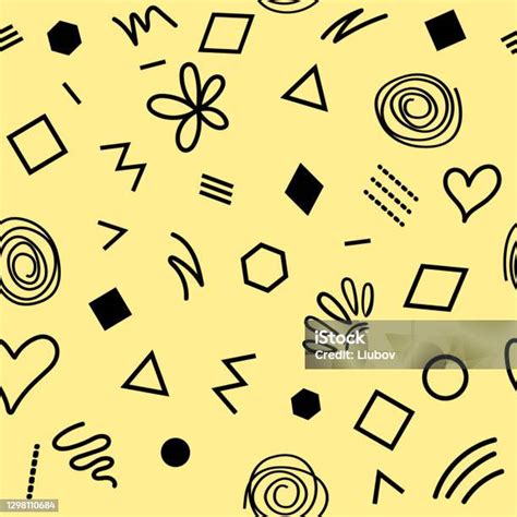 다양한 손으로 그리는 식물과 모양 선과 추상적 인 배경 복고풍 스타일 검은 색 노란색 베이지 색 모래 색 벽지 종이 직물에 인쇄하기위한 벡터 원활한 패턴 0명에 대한 스톡