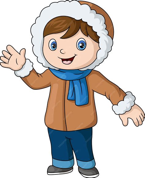 Милый мультфильм о маленьком мальчике в зимней одежде Премиум вектор