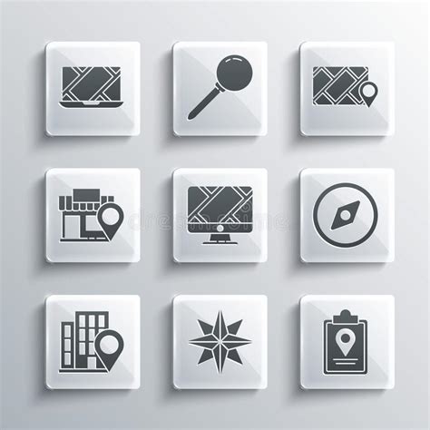 Set Wind Rose Folded Map With Location Marker Compass Monitor Location House Store City