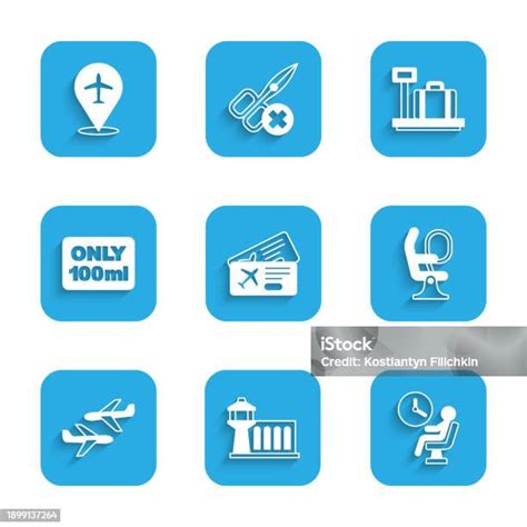 항공권 공항 관제탑 대기 중인 공항 터미널 비행기 좌석 비행기 액체류 기내 반입 수하물 여행 가방 및 아이콘이 있는 저울을 설정합니다 벡터 0명에 대한 스톡 벡터 아트 및