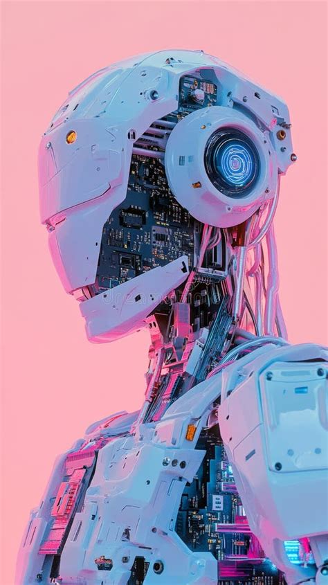 Futuristic Humanoid Robot With Exposed Circuitry On Pink Background Advanced Technology And