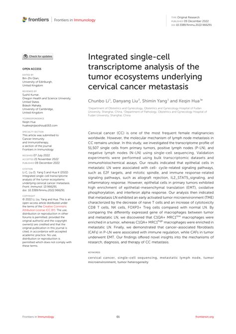 Pdf Integrated Single Cell Transcriptome Analysis Of The Tumor Ecosystems Underlying Cervical