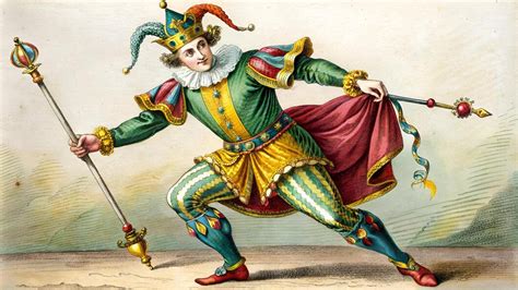 Ancient Jester Posing On One Leg Wearing His Costume And Holding A