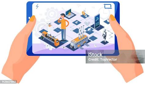 산업 자동화 생산 라인 현대 원 스톱 생산과 태블릿을 들고 인간의 손 공장 산업 건물에 대한 스톡 벡터 아트 및 기타 이미지 공장 산업 건물 네트워크 서버 대형