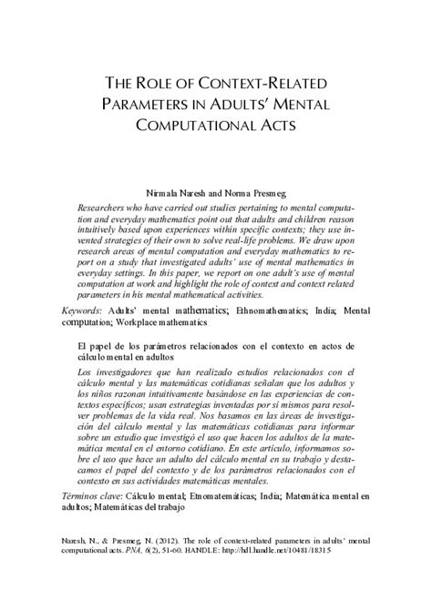 The Role Of Context Related Parameters In Adults Mental Computational Acts Funes