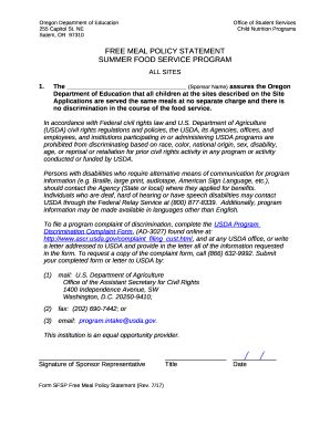 SFSP Policy Statement Free Meal Policy Statement SFSP Packet Doc Template PdfFiller