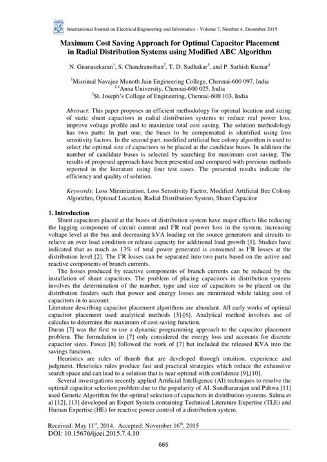 Pdf Maximum Cost Saving Approach For Optimal Capacitor Placement In Radial Distribution