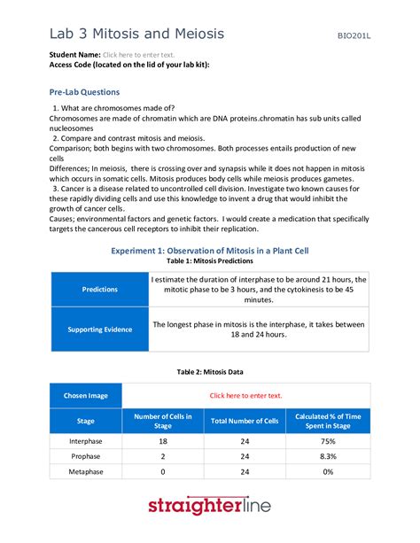 Straighterline Bio 201l Lab 3 Worksheet Lab 3 Mitosis And Meiosis 2022