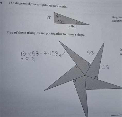 Solved: 9 The diagram shows a right-angled triangle. Diagram accurate Five of these triangles ...