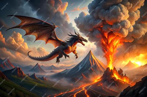 A Majestic Dragon Flying Gracefully In Front Of An Epic Erupting