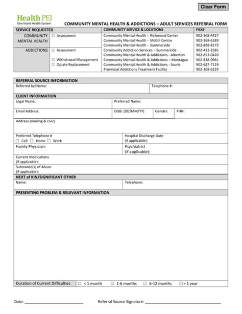 Prince Edward Island Canada Community Mental Health And Addictions Adult Services Referral Form