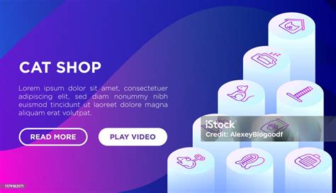 얇은 라인 등각칭 아이콘 고양이 가게 웹 페이지 템플릿 운송 위생 칼라 문 장난감 피더 긁는 사람 쓰레기 간식 교육용 가방 텍스트 에 대한 장소가있는 벡터 그림 가방에 대한