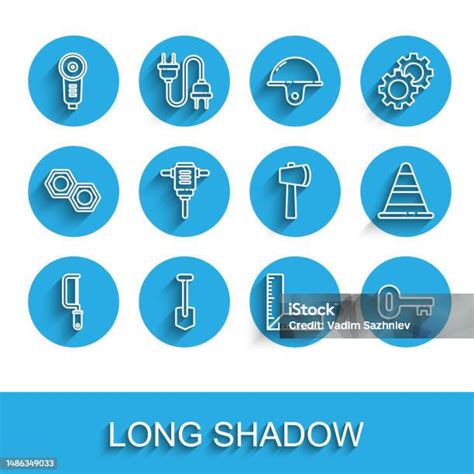 세트 라인 쇠톱 삽 앵글 그라인더 코너 눈금자 오래된 키 전기 로터리 해머 드릴 트래픽 콘 및 나무 도끼 아이콘 벡터 Rotary International에 대한 스톡 벡터