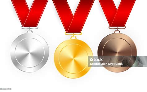 빨간색 리본이 달린 금 은 동메달 세트 흰색 배경에 격리 메달 라운드 빈 광택 벡터 컬렉션입니다 프리미엄 배지