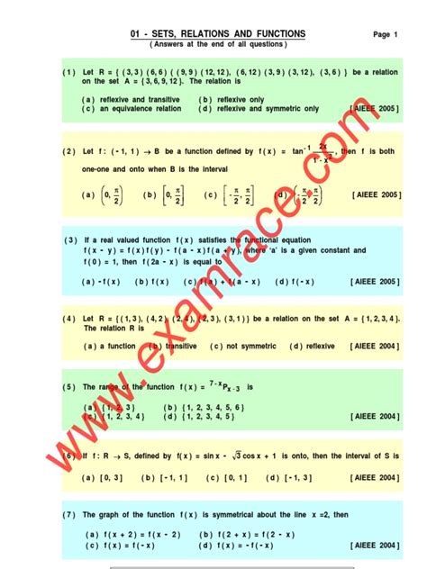 Set Relation Function Mcq Pdf Pi Function Mathematics
