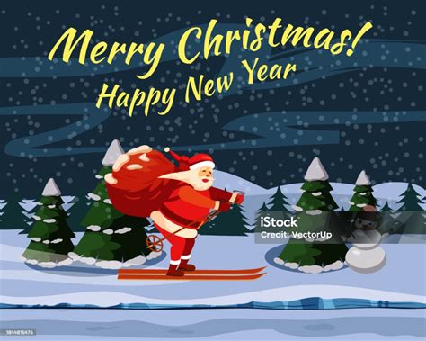 카드 메리 크리스마스 산타 클로스 스키 자루 가득 선물 겨울 가공의 인물에 대한 스톡 벡터 아트 및 기타 이미지 가공의 인물 강 겨울 Istock