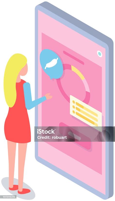 소녀는 화면에 앱이 있는 스마트폰 근처에 서 있습니다 여자는 모바일 프로그램의 여성다운 핑크 스타일을 본다 3차원 형태에 대한 스톡 벡터 아트 및 기타 이미지 Istock