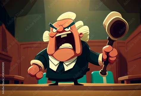Cartoon Character Judge With A Judge Gavel In Courtroom Angry Cartoon