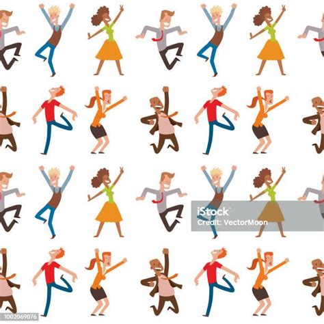 사람들 축 하 파티 벡터 행복 맨 점프 점프 축 하 기쁨 문자 쾌활 한 여자 활성 행복 식 많은 즐거운 친구 완벽 한 패턴 배경 컷아웃에 대한 스톡 벡터 아트 및 기타