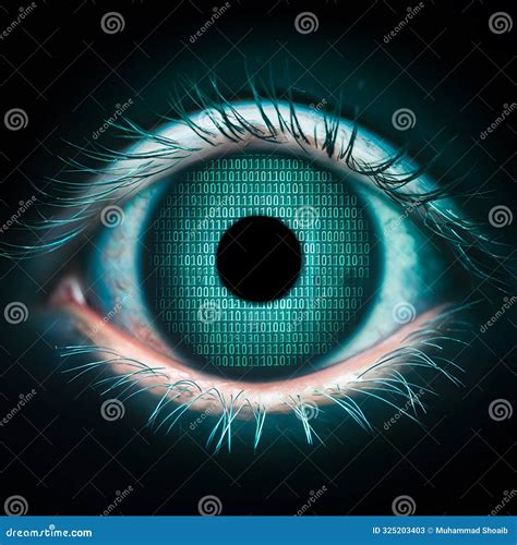 Eye With Digital Matrix Of Binary Numbers Streaming Across Iris Stock