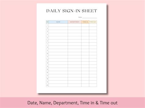 Daily Sign In Sheet Printable Employee Timesheet Log Book Time
