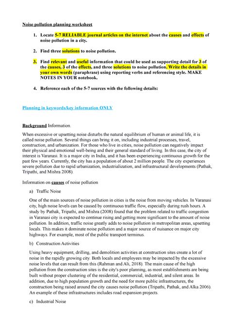 Noise Pollution Plan Worksheet Noise Pollution Planning Worksheet Locate 5 7 Reliable Journal