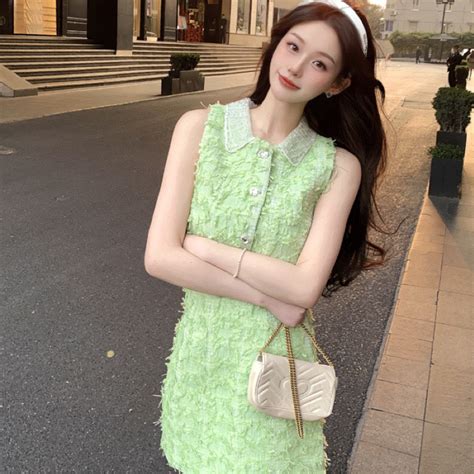 클라우드나인 여름신상하객룩여름투피스 러블리 그린 큐빅 카라 수술 트위드 나시 조끼 크롭 자켓 하이웨스트 미니스커트 투피스 셋업 H라인 트위드치마 여름조끼 공주룩