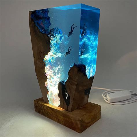 Drawelry Ocean Creative Epoxy Resin Wood Light Lamp Handmade Multi Color Aquatic Ocean Lamp