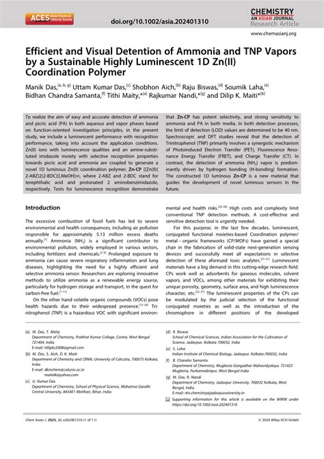 Efficient And Visual Detention Of Ammonia And Tnp Vapors By A Sustainable Highly Luminescent 1d
