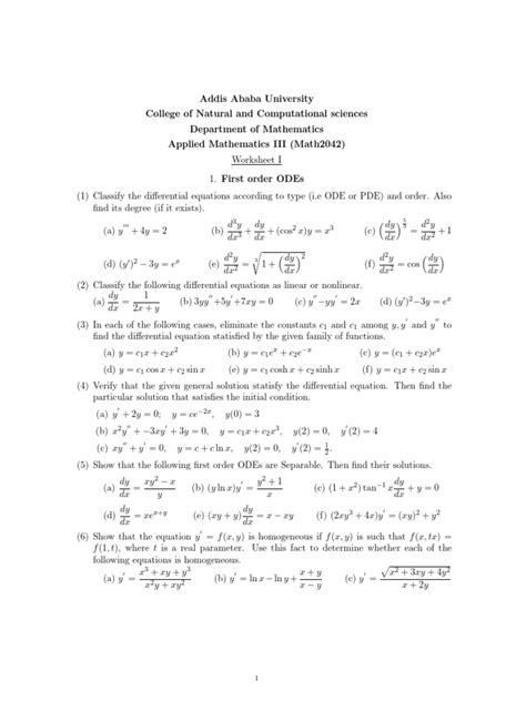 Applied Iii Worksheet 1 Pdf Ordinary Differential Equation Equations