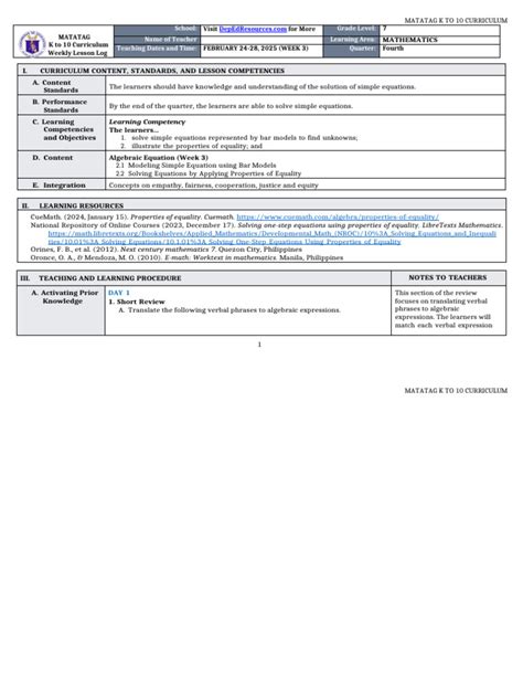 Dll Matatag Mathematics 7 Q4 W3 Pdf Equations Subtraction