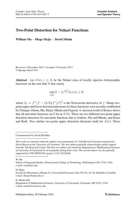 Pdf Two Point Distortion For Nehari Functions