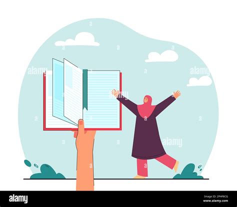 Happy Tiny Woman In Hijab Running To Hand Holding Book Stock Vector