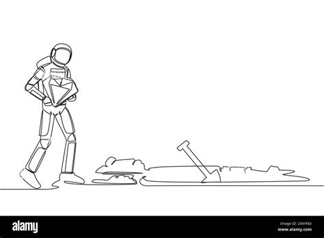 Single Continuous Line Drawing Astronaut Walking And Holding Big