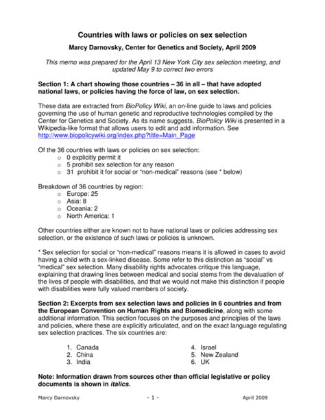 Countries With Laws Or Policies On Sex Selection