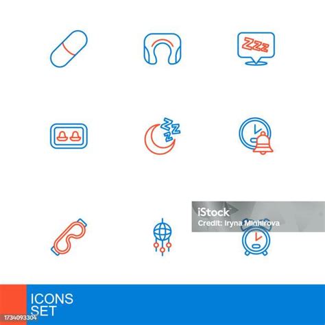세트 라인 알람 시계 깃털이 달린 드림 캐처 아이 슬립 마스크 귀마개 보관 상자 달과 별 졸린 및 여행 목 베개 아이콘 벡터 0